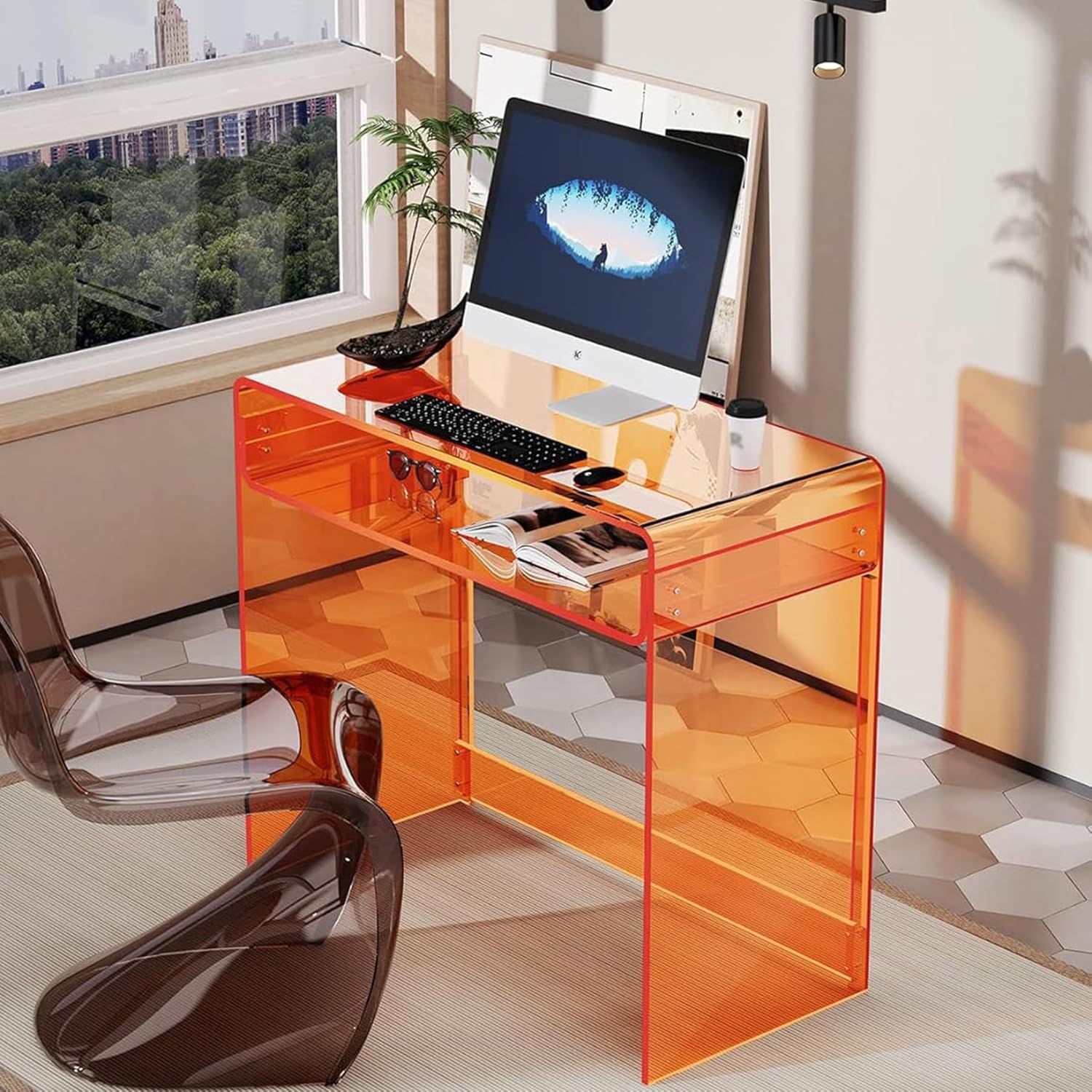 Escritorio acrílico con estante de almacenamiento, escritorio de compu ...
